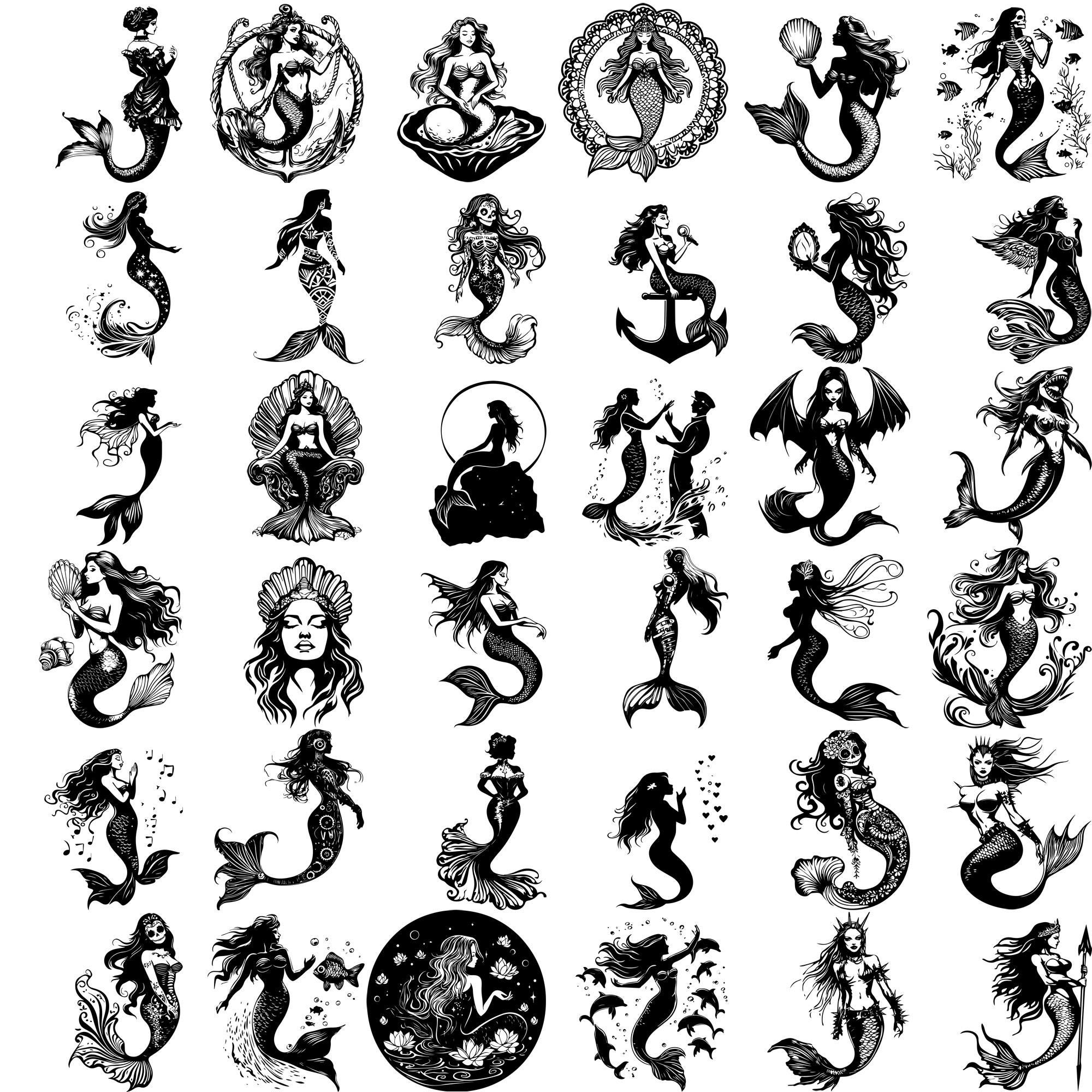 128 Mermaid Svg, Dxf, Eps, Ai, Pdf, Jpg, Png Ocean Animals Grayscale ...