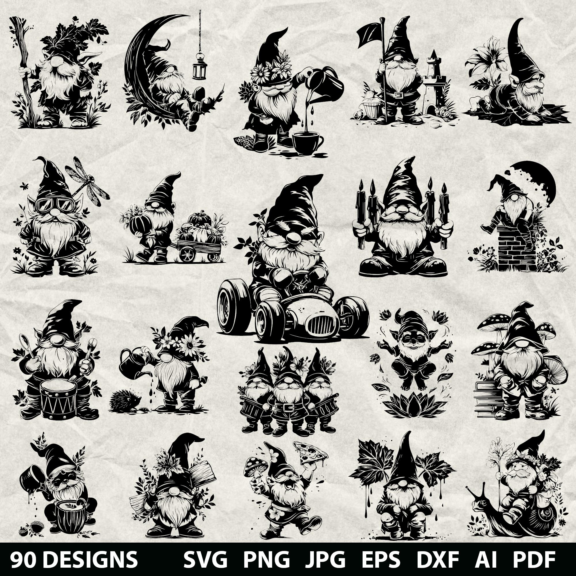 90 Gnome Bundle Svg, Dxf, Eps, Ai, Pdf, Jpg, Png Gnome Grayscale Burn ...