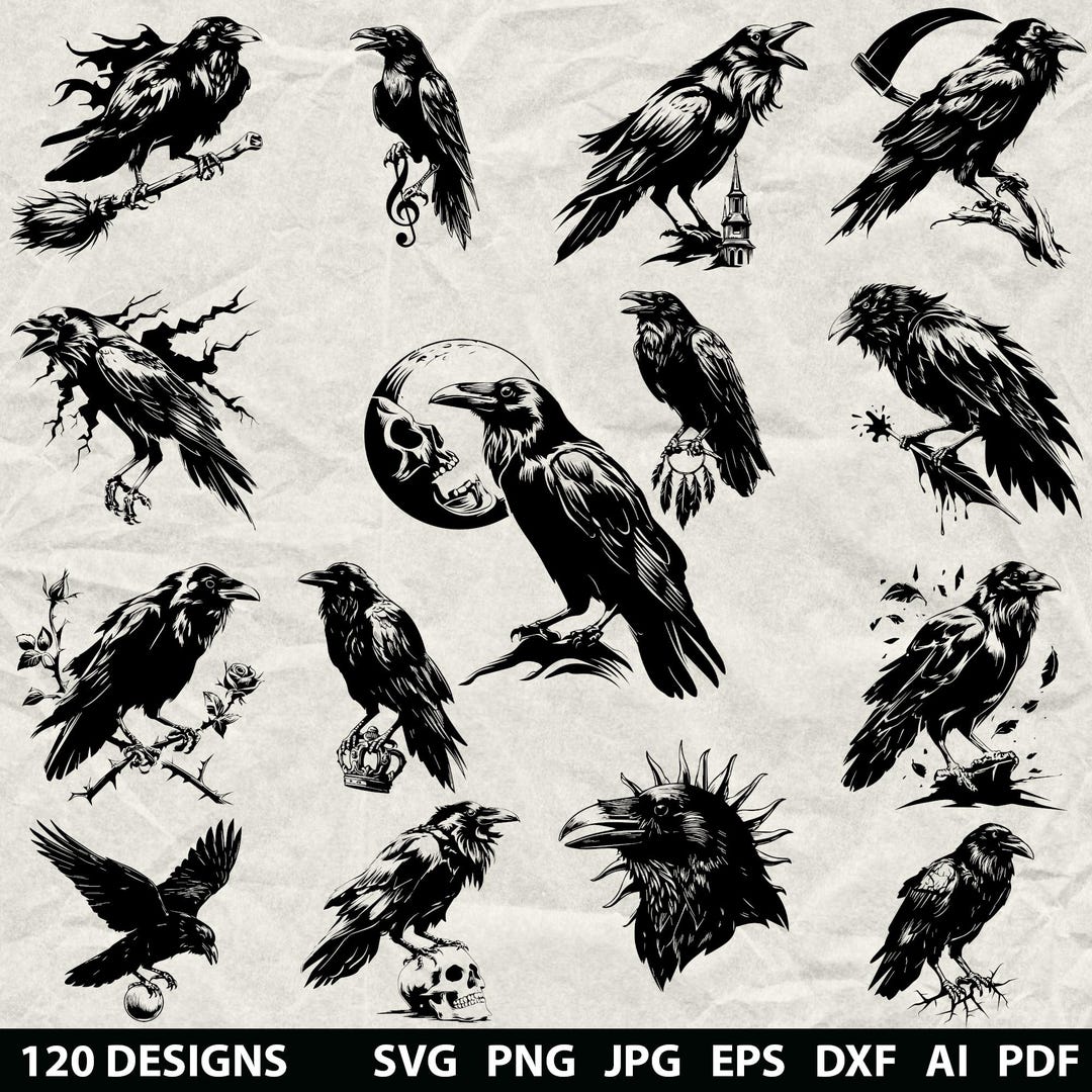 120 Raven Bundle Svg, Dxf, Eps, Ai, Pdf, Jpg, Png Halloween Grayscale ...