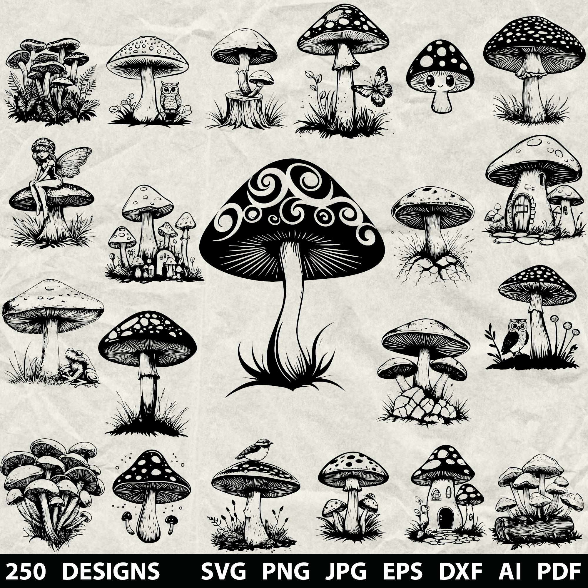 250 Mushroom Bundle Svg, Dxf, Eps, Ai, Pdf, Jpg, Png Mystical Grayscale ...