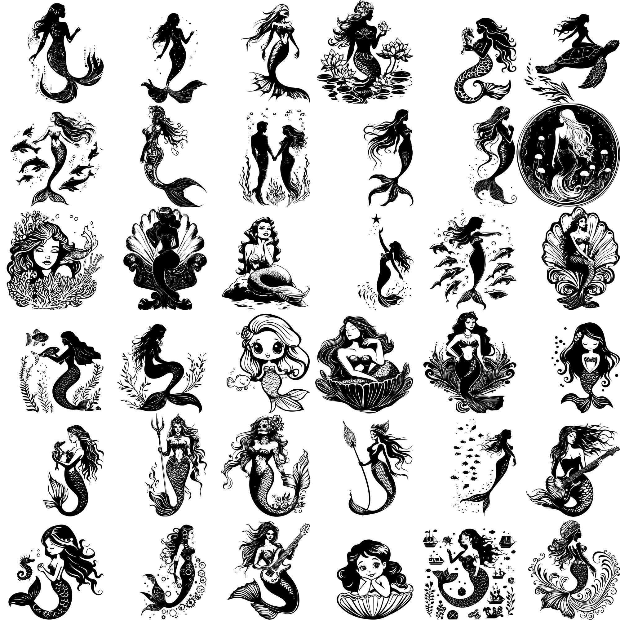 128 Mermaid Svg, Dxf, Eps, Ai, Pdf, Jpg, Png Ocean Animals Grayscale ...