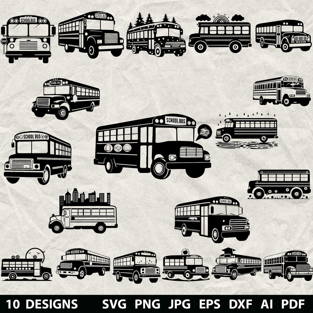 10 School Bus Bundle Svg, Dxf, Eps, Ai, Pdf, Jpg, Png Grayscale Burn ...