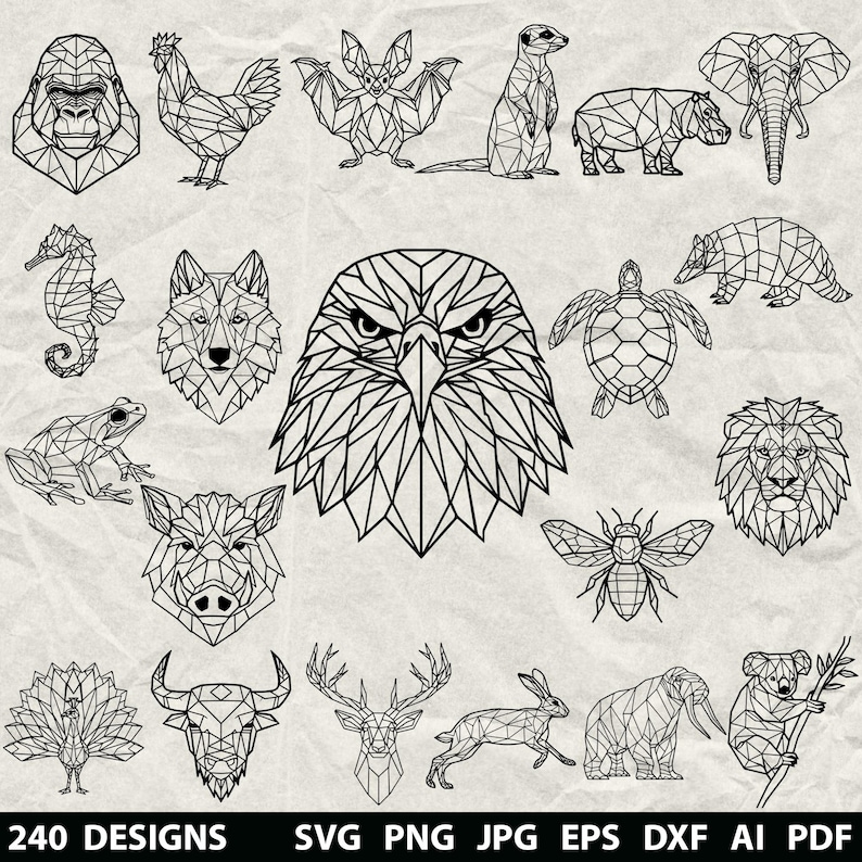 240 Geometric Animals Bundle Svg, Dxf, Eps, Ai, Pdf, Jpg, Png Grayscale ...