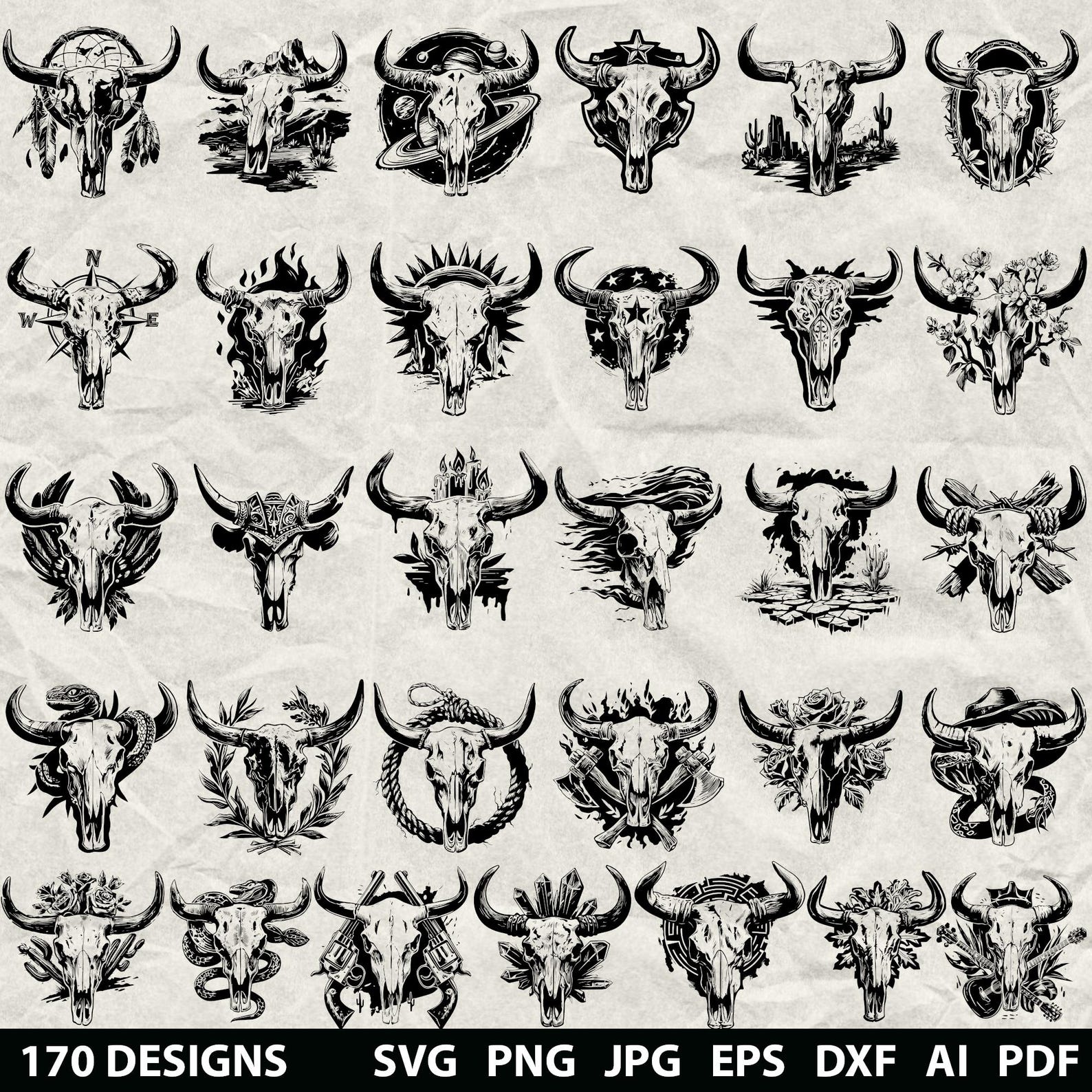 170+ Bull Skull Bundle Svg, Dxf, Eps, Ai, Pdf, Jpg, Png Skeleton ...