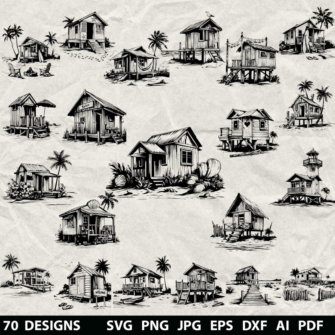 70+ Beach House Bundle Svg, Dxf, Eps, Ai, Pdf, Jpg, Png Beach Grayscale ...