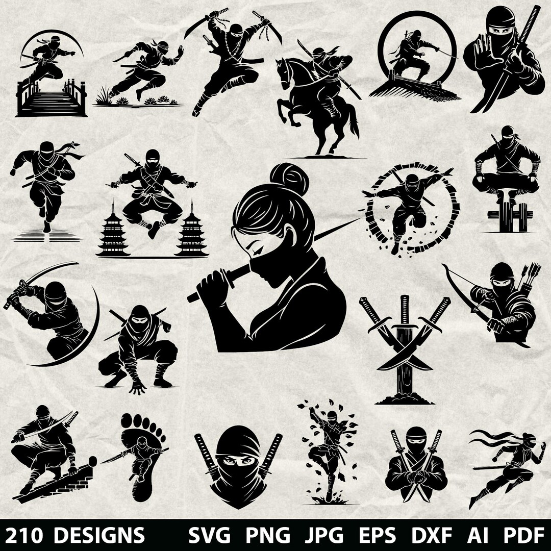 210 Ninja Bundle Svg, Dxf, Eps, Ai, Pdf, Jpg, Png Grayscale Burn Image ...