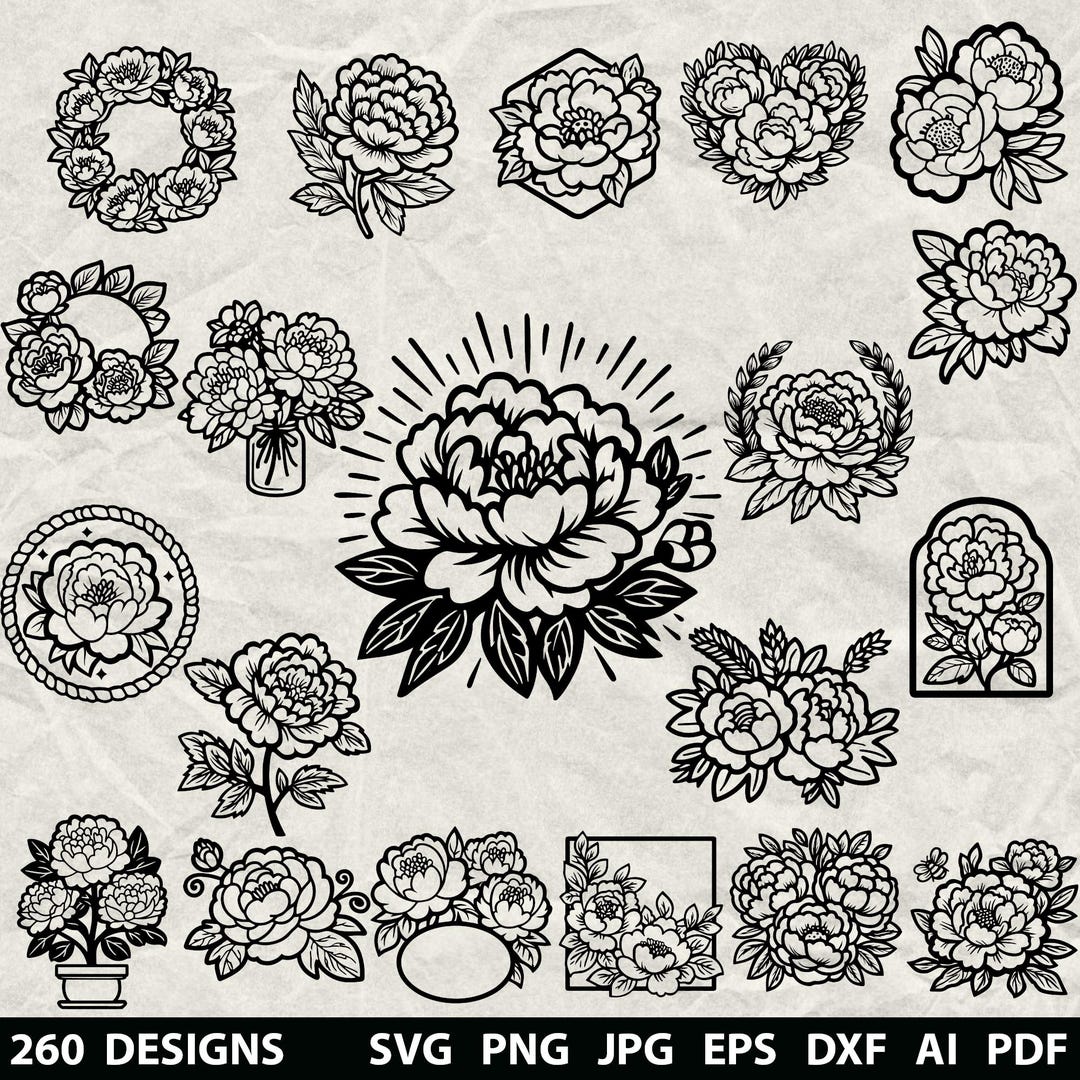 260 Peonies Bundle Svg, Dxf, Eps, Ai, Pdf, Jpg, Png Plant Grayscale ...
