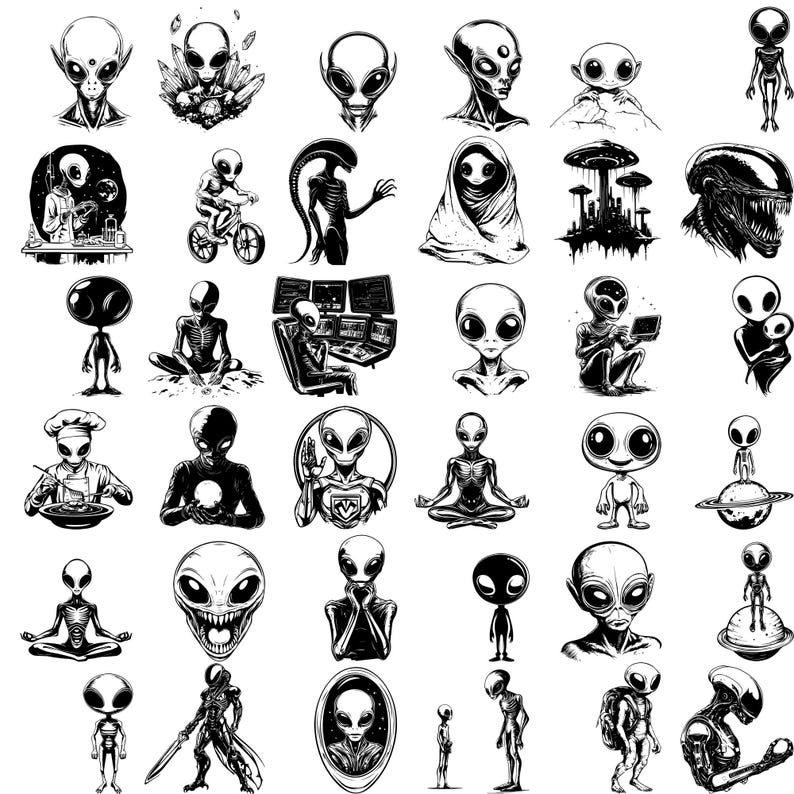 130+ Aliens Bundle Svg, Dxf, Eps, Ai, Pdf, Jpg, Png Spaceship Grayscale ...