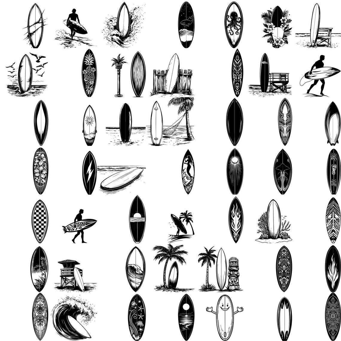 100 Surfboard Bundle Svg, Dxf, Eps, Ai, Pdf, Jpg, Png Grayscale Burn ...