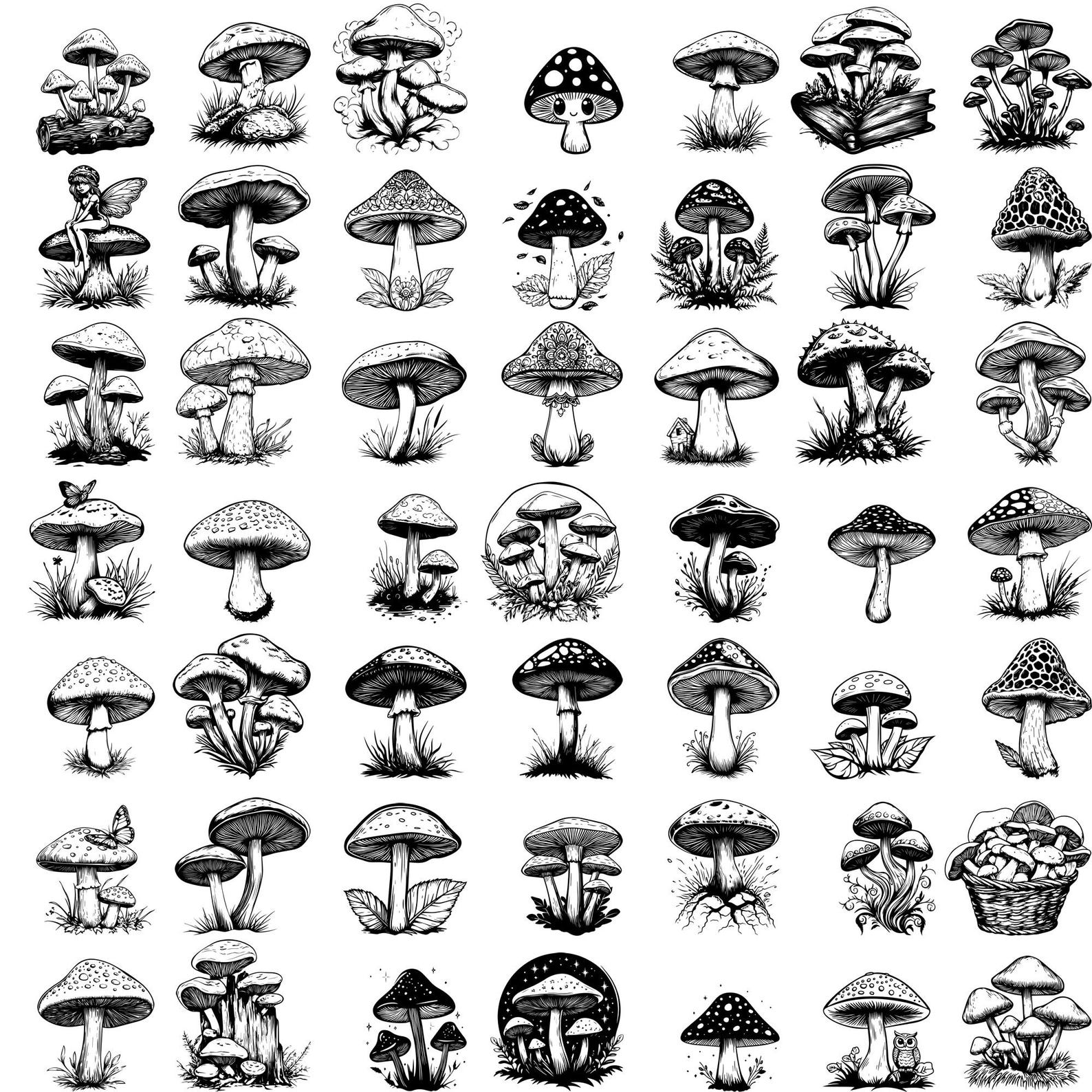 250 Mushroom Bundle Svg, Dxf, Eps, Ai, Pdf, Jpg, Png Mystical Grayscale ...