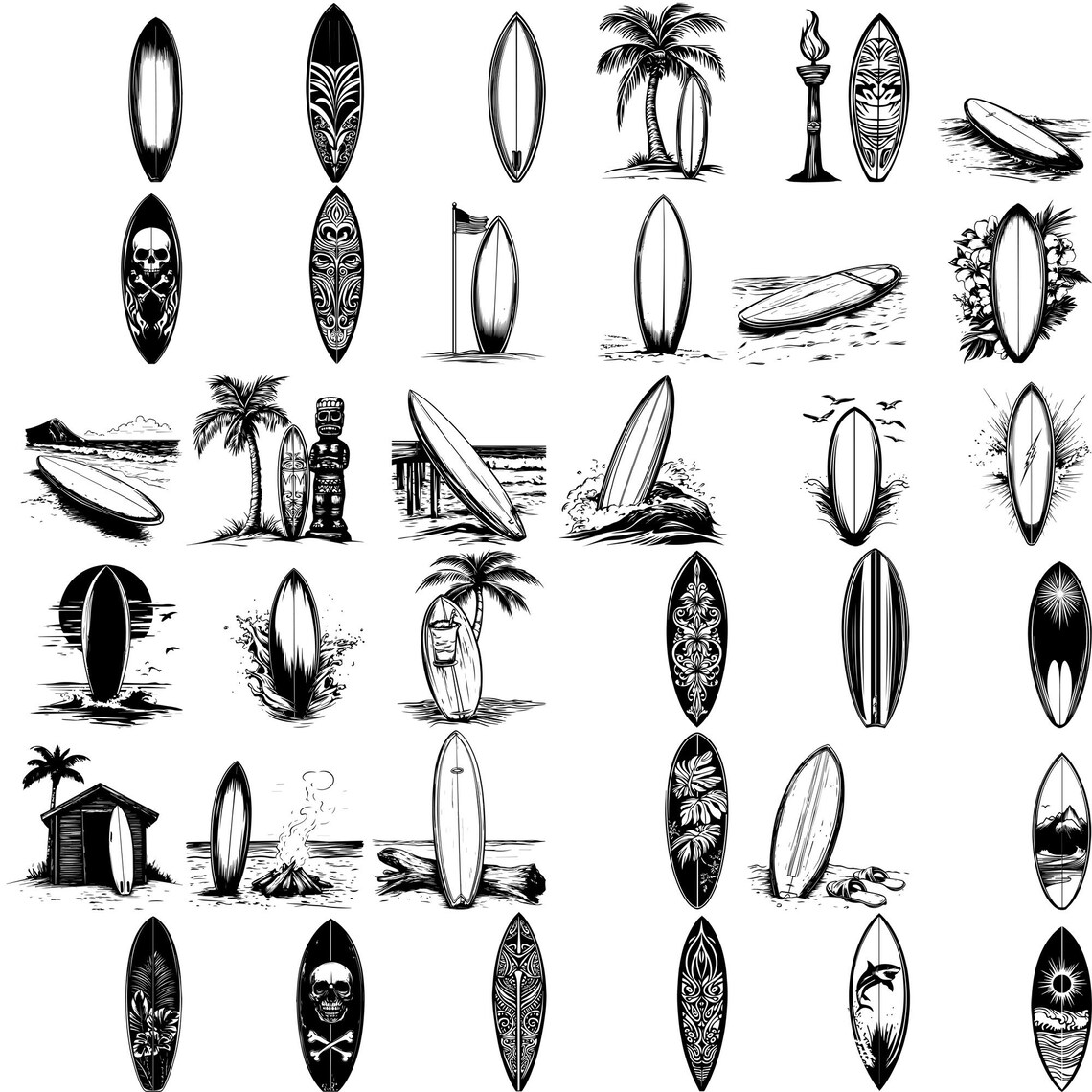 100 Surfboard Bundle Svg, Dxf, Eps, Ai, Pdf, Jpg, Png Grayscale Burn ...