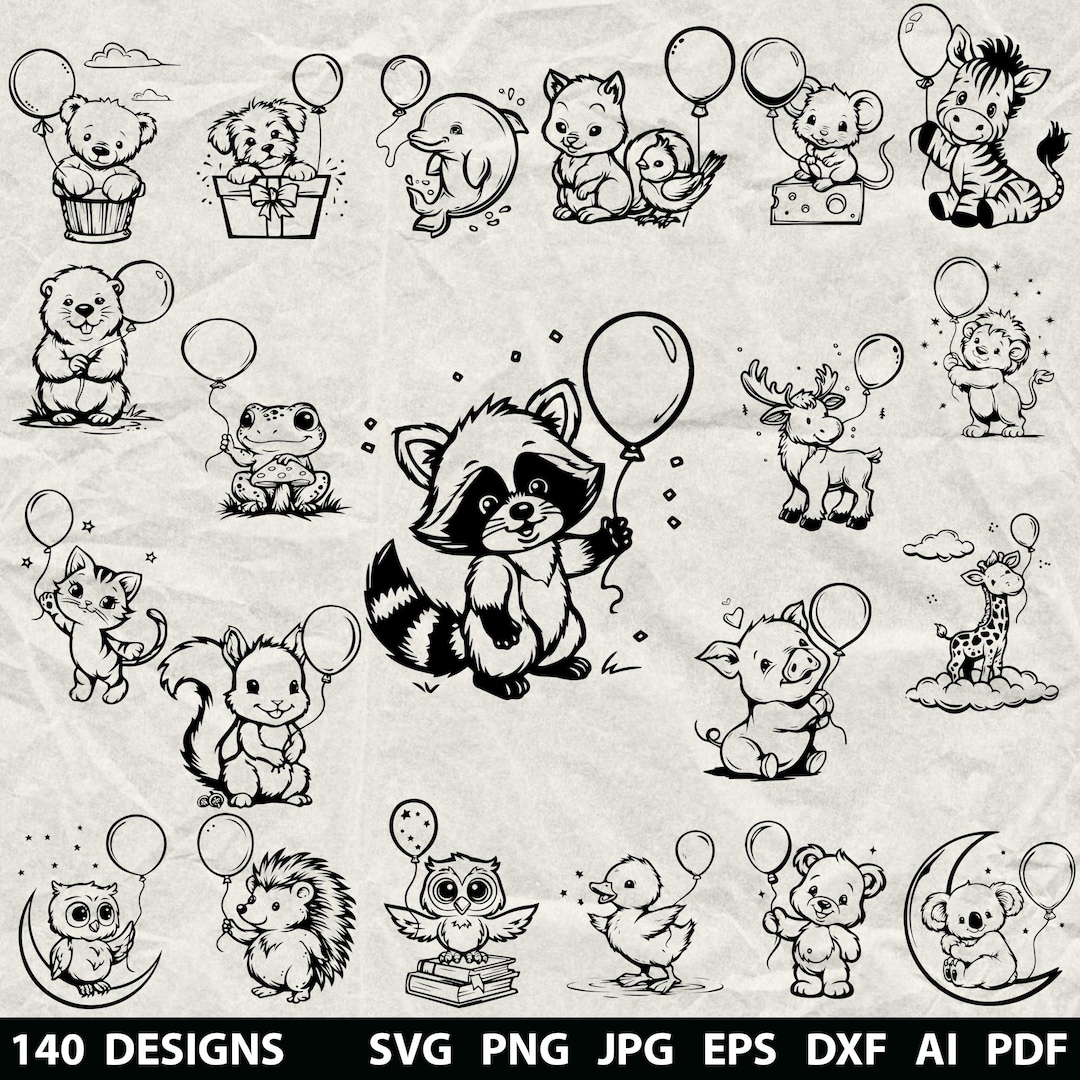 140 Animal Holding Balloon Svg, Dxf, Eps, Ai, Pdf, Jpg, Png Grayscale ...