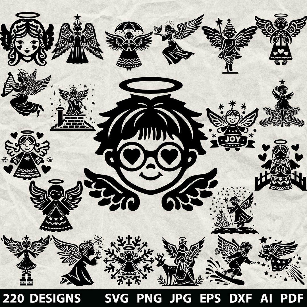220 Christmas Angel Bundle Svg, Dxf, Eps, Ai, Pdf, Jpg, Png Grayscale ...