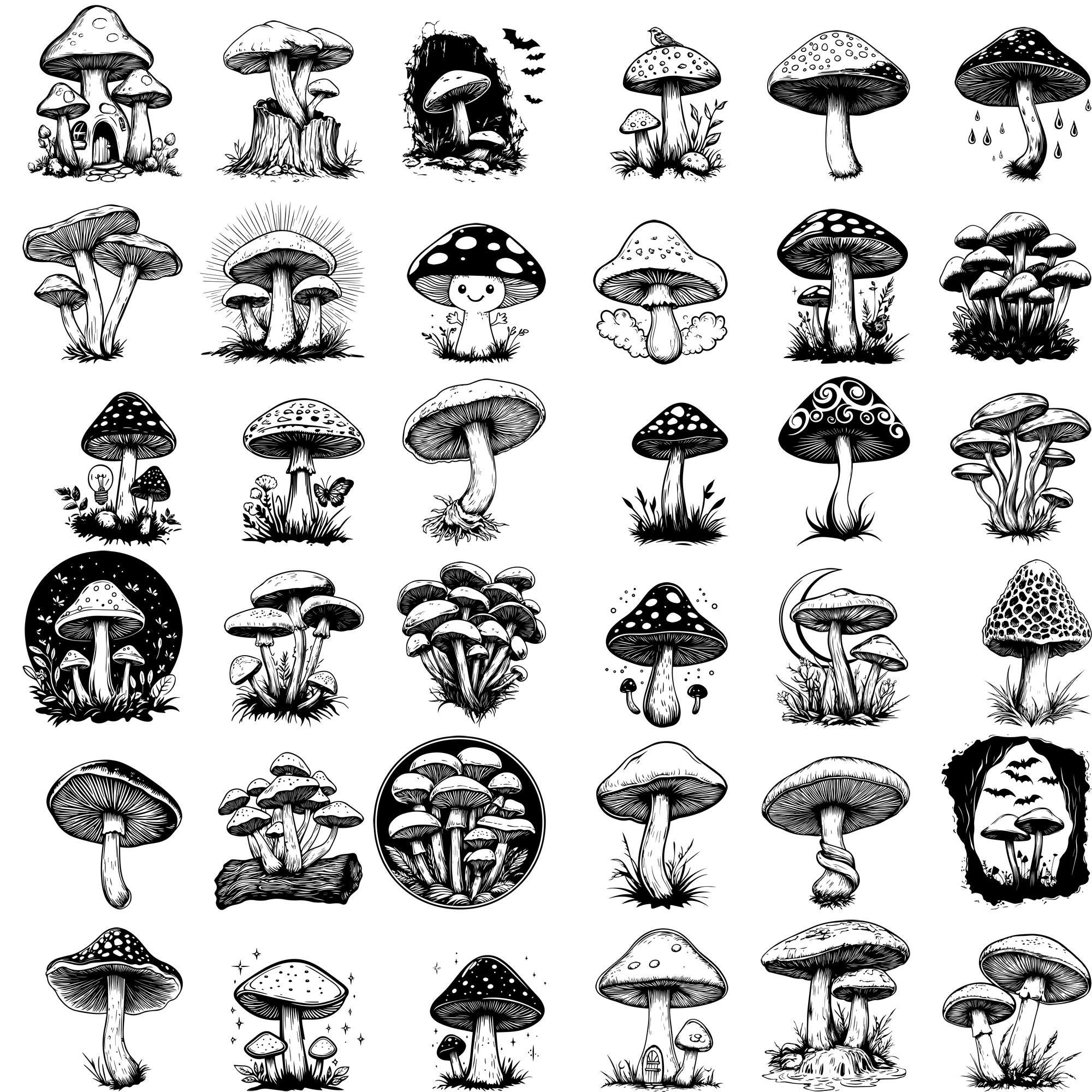 250 Mushroom Bundle Svg, Dxf, Eps, Ai, Pdf, Jpg, Png Mystical Grayscale ...