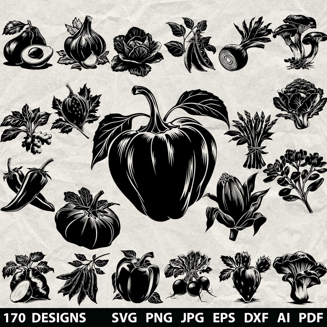 170 Vegetables Bundle Svg, Dxf, Eps, Ai, Pdf, Jpg, Png Food Grayscale ...