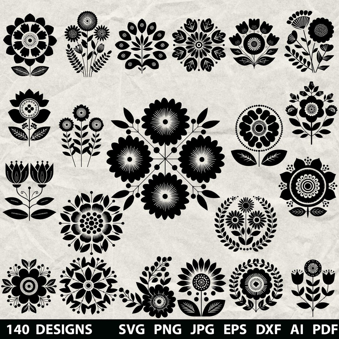 140 Folk Flowers Bundle Svg, Dxf, Eps, Ai, Pdf, Jpg, Png Grayscale Burn ...