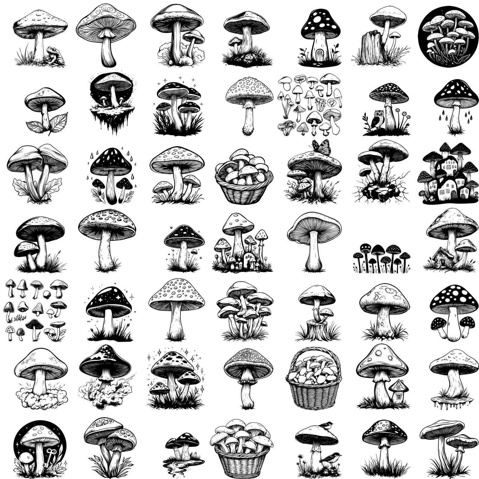 250 Mushroom Bundle Svg, Dxf, Eps, Ai, Pdf, Jpg, Png Mystical Grayscale ...