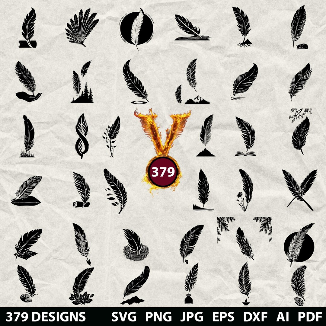 379 Feather Bundle Svg, Dxf, Eps, Ai, Pdf, Jpg, Png Grayscale Burn ...