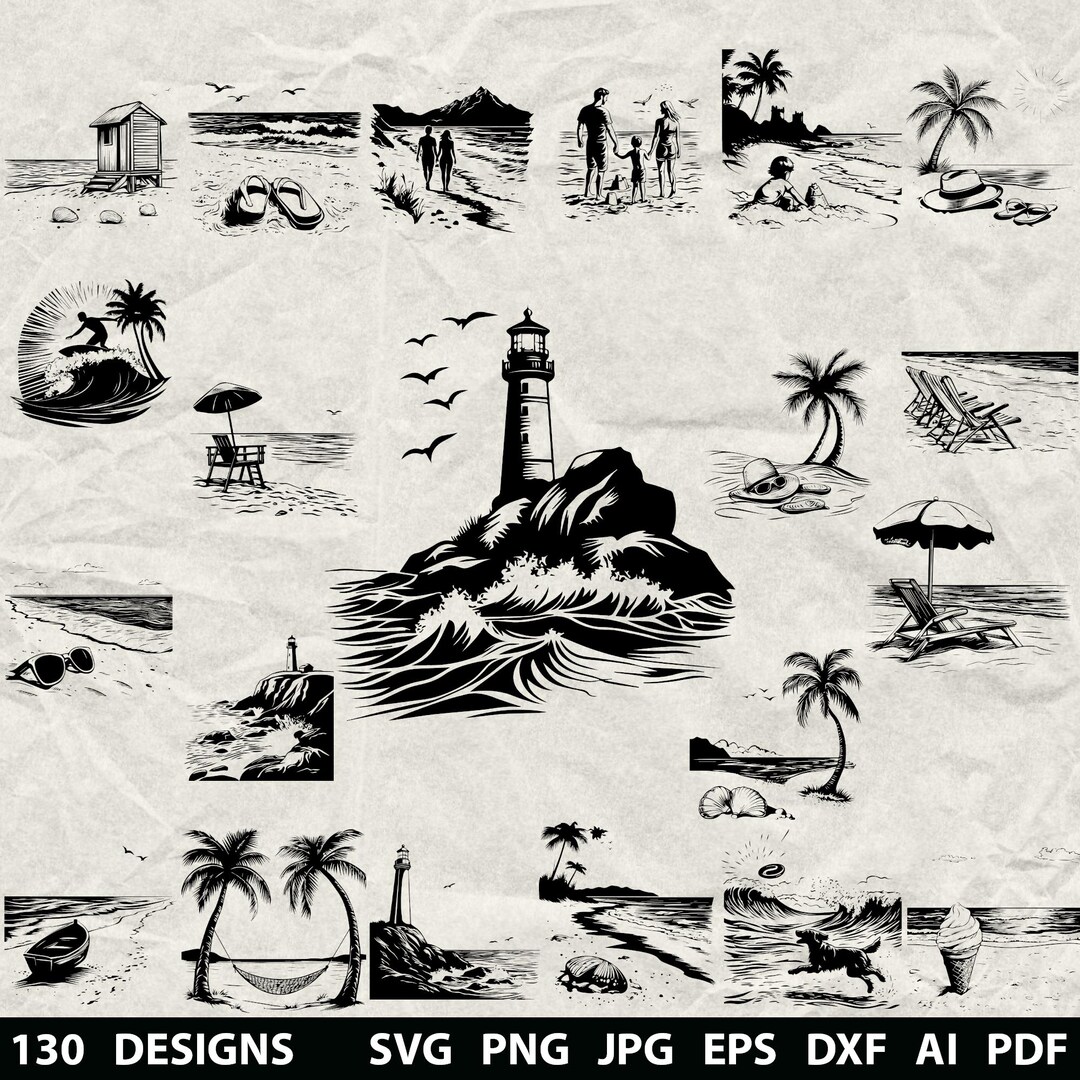 130+ Beach Bundle Svg, Dxf, Eps, Ai, Pdf, Jpg, Png Beach Life Grayscale ...