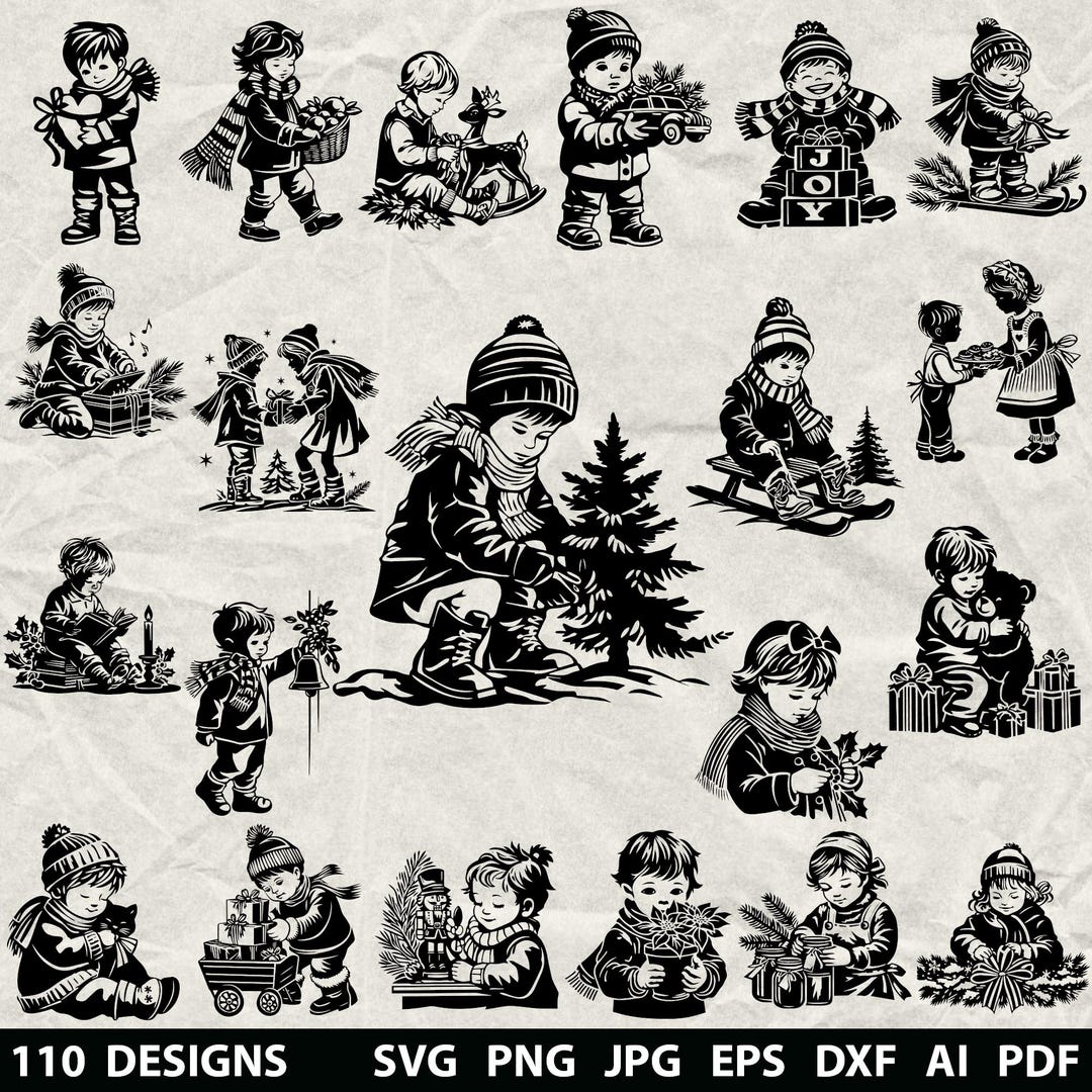 110 Retro Child Bundlesvg, Dxf, Eps, Ai, Pdf, Jpg, Png Grayscale Burn ...