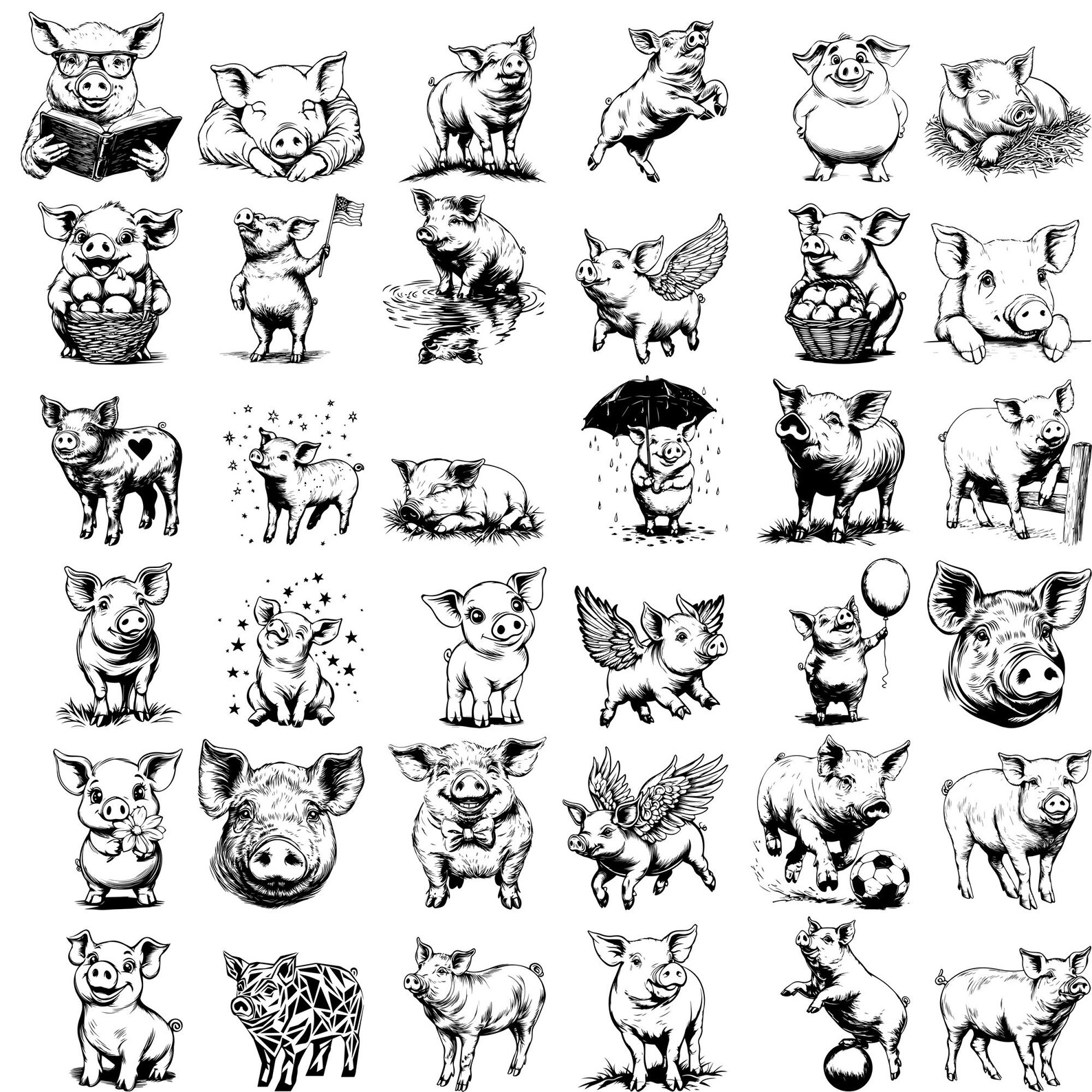 70 Pigs Laser Svg, Dxf, Eps, Ai, Pdf, Jpg, Png Funny Pig Grayscale Burn ...