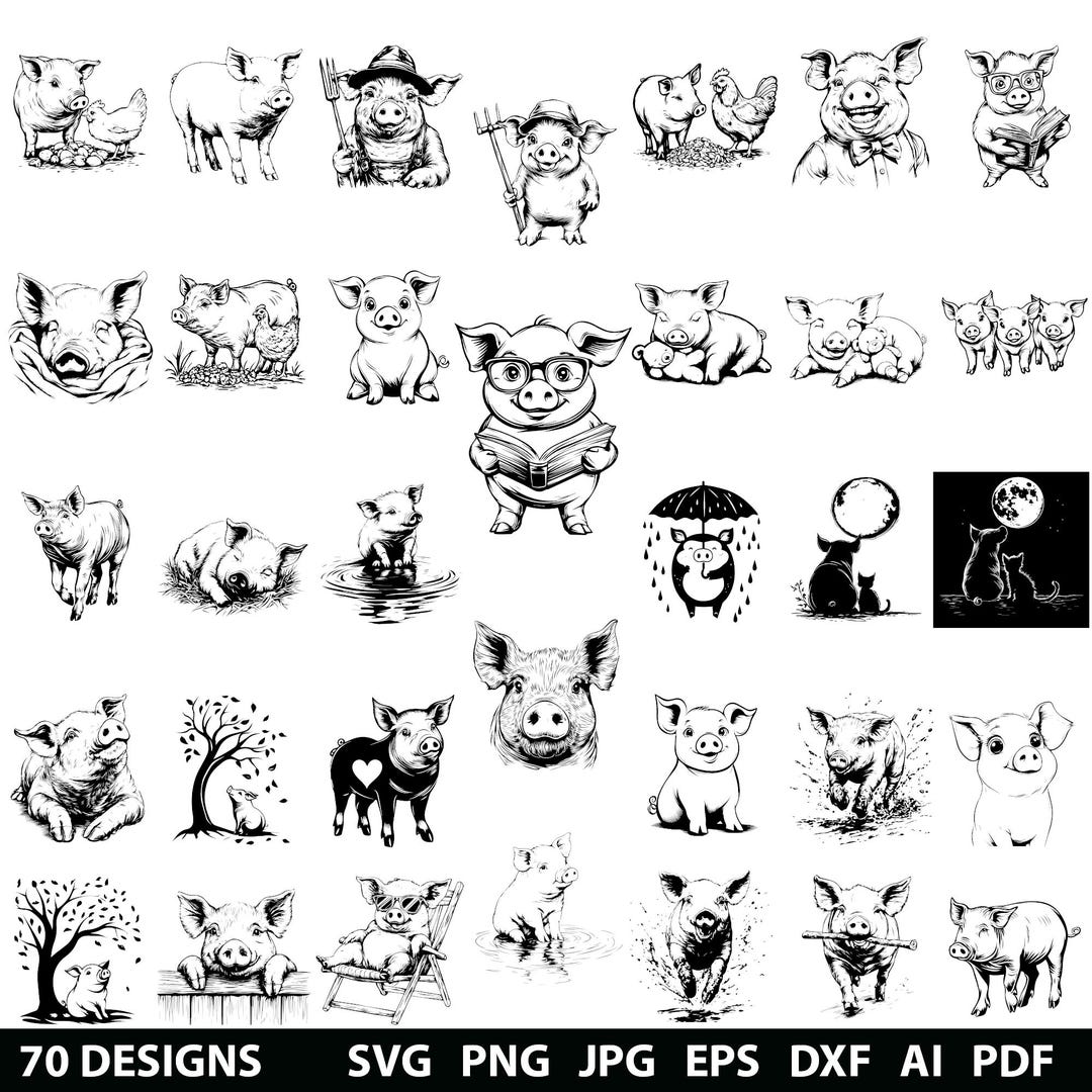 70 Pigs Laser Svg, Dxf, Eps, Ai, Pdf, Jpg, Png Funny Pig Grayscale Burn ...