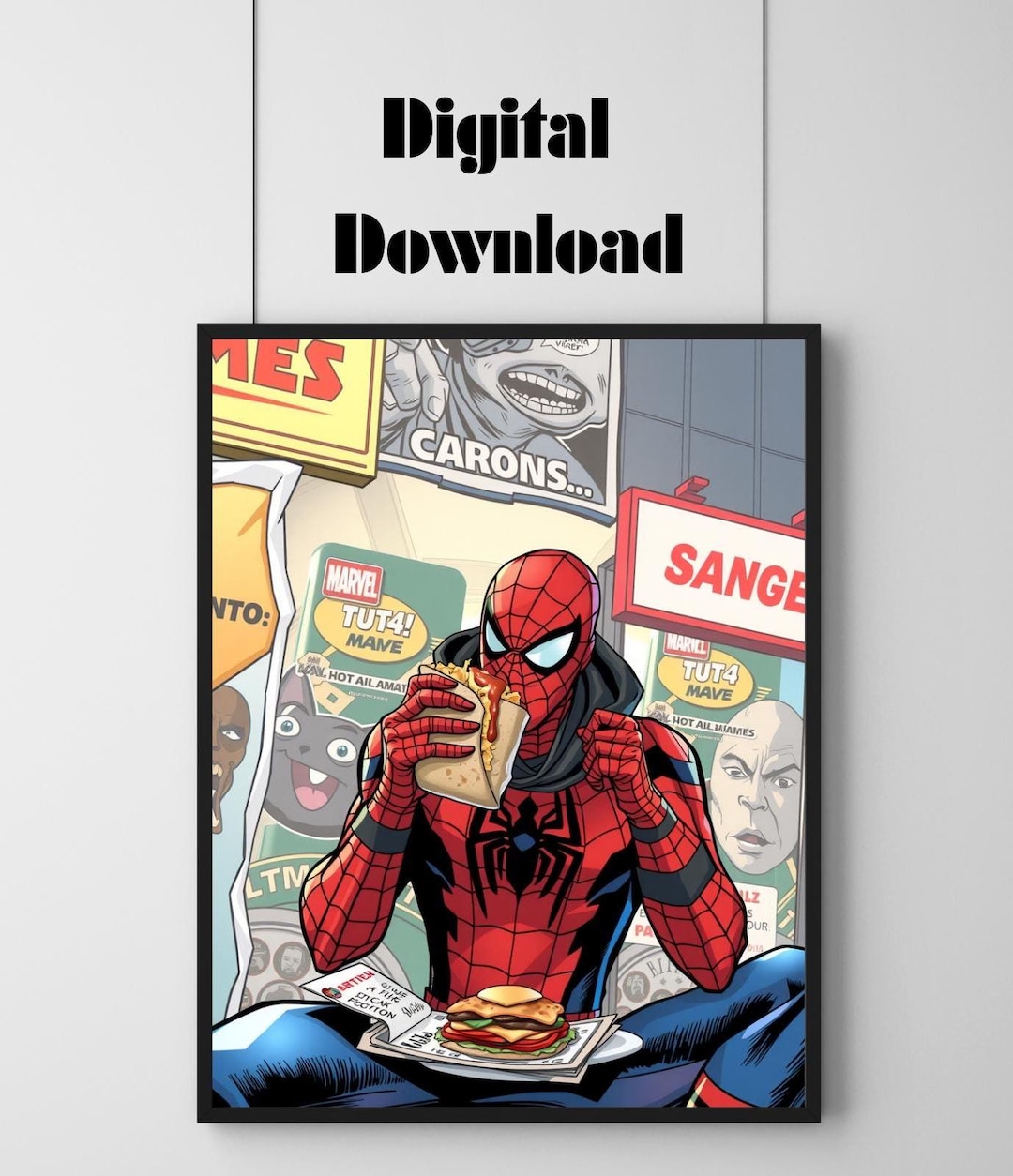 Trendy Spiderman Eating a Burrito Poster, Funny Spiderman Eating Food ...