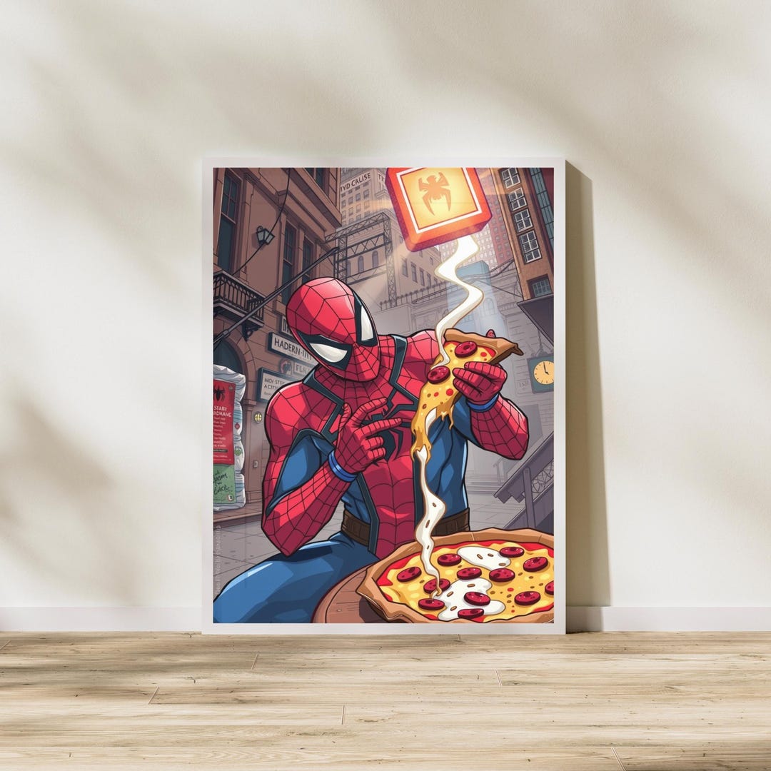 Funny Spider Man Eating Pizza Wall Art, Superhero Wall Art, Trendy ...