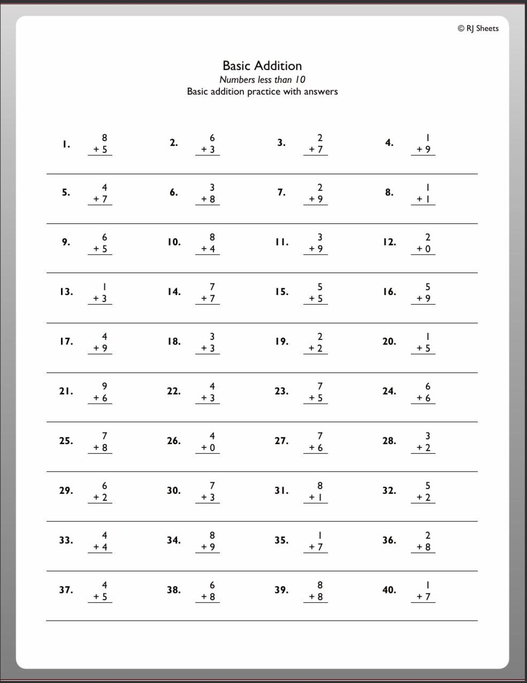 Basic Addition With Answer Key. Using Numbers Less Than 10. Math ...