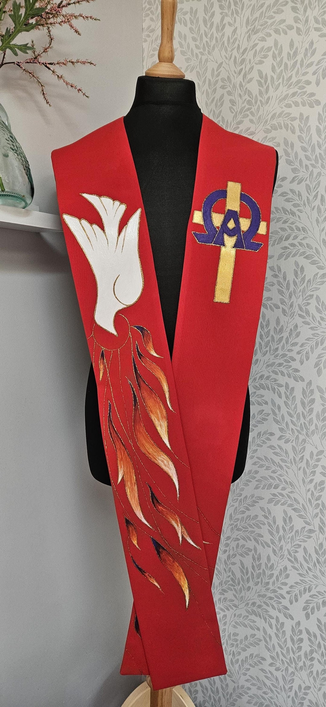 Clergy Stole, Handpainted Dove and Tongues of Fire, Red Liturgical ...