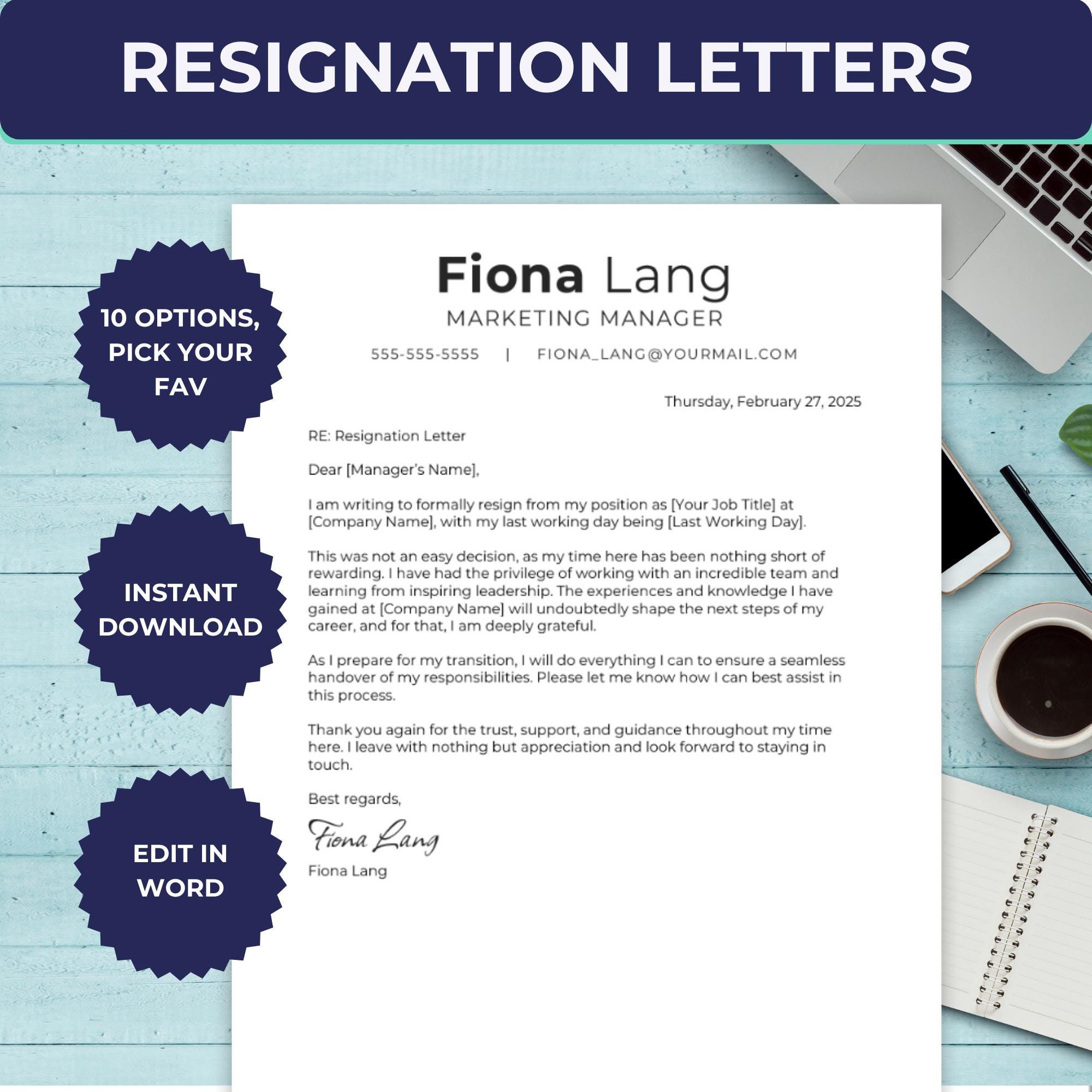 Professional Resignation Letter Template | 10 Options Editable in Word ...