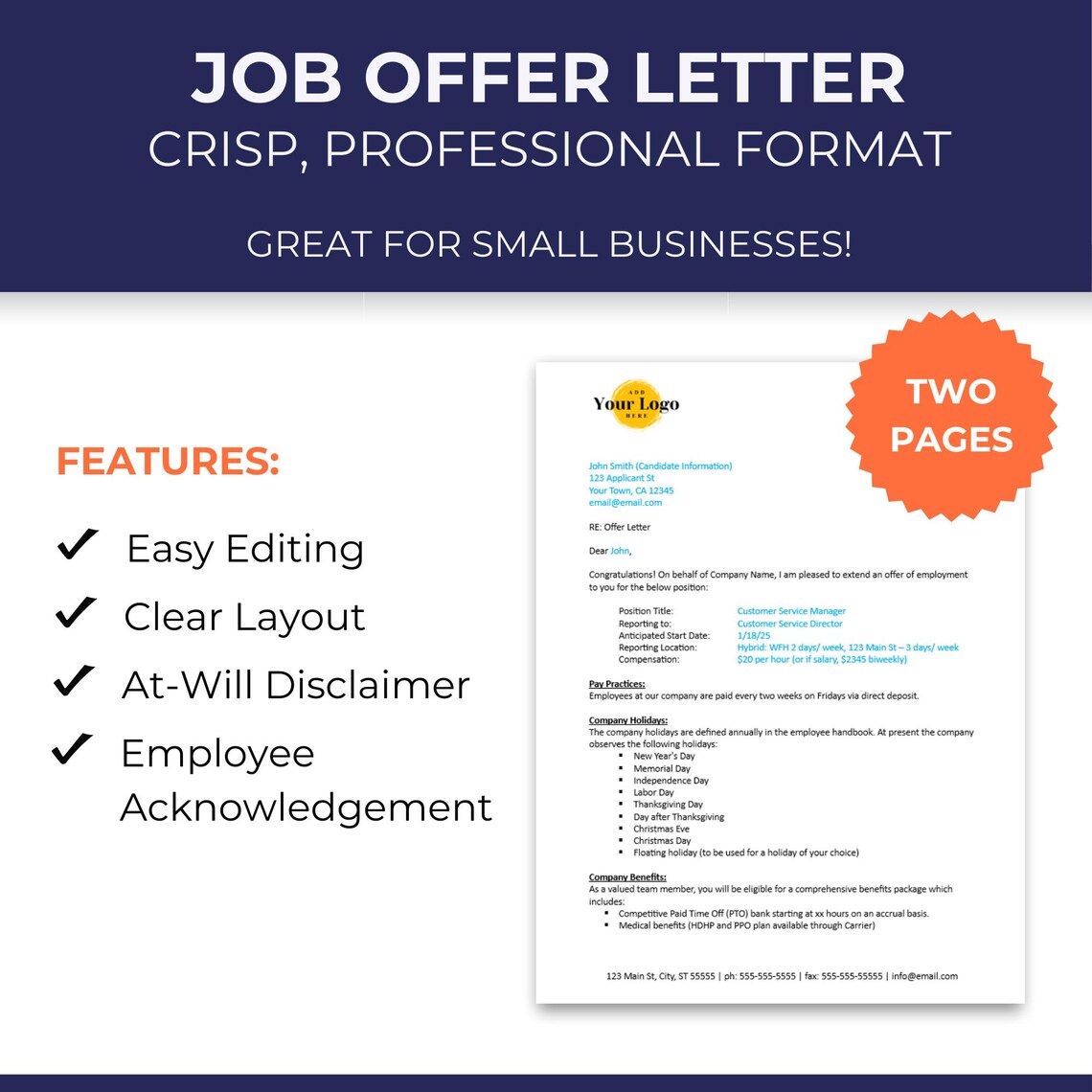 Offer Letter Template | Editable & Easy to Use | Great for Small ...