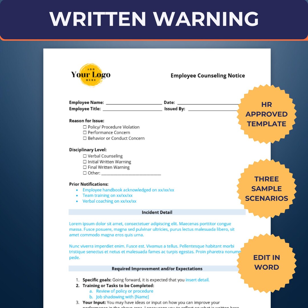Employee Write-up | Written Warning | Corrective Action | Attendance ...