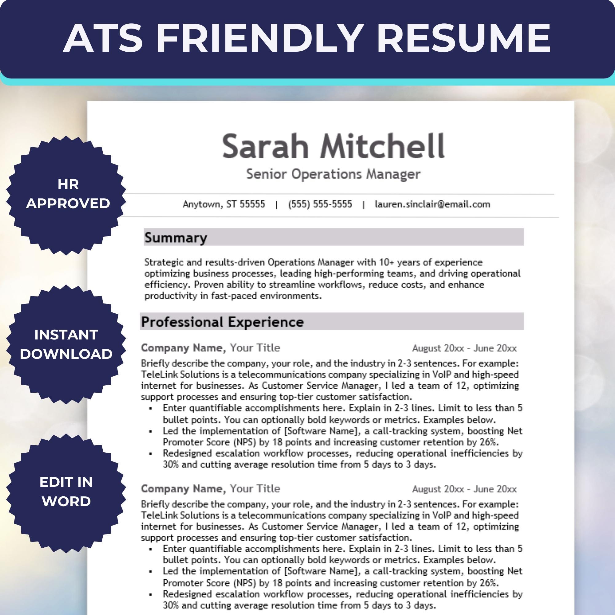 ATS Resume Template | Digital Download | CV Template ATS | Applicant ...