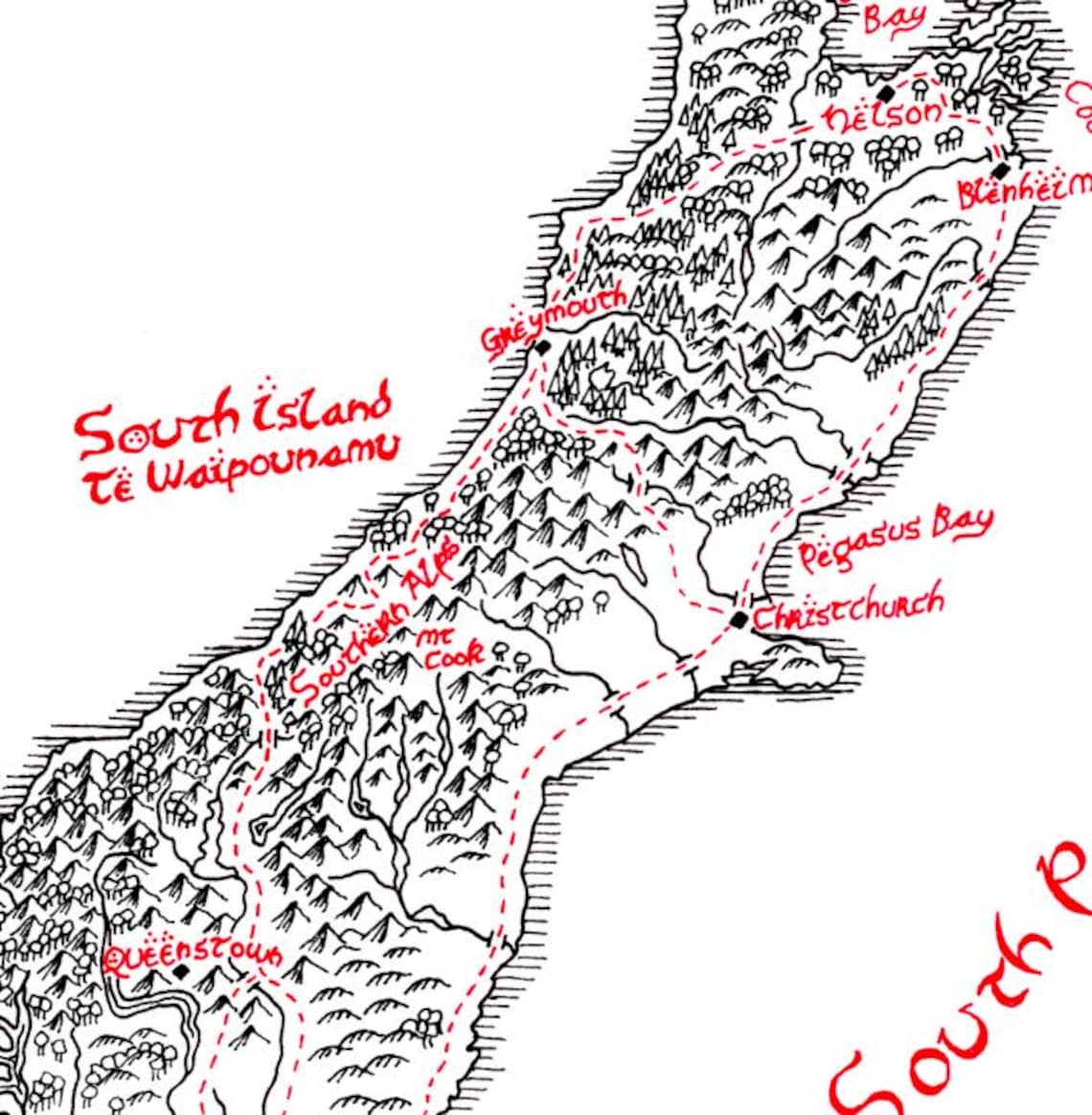 Map of New Zealand Hand Drawn Tolkien Style Map Artwork - Etsy