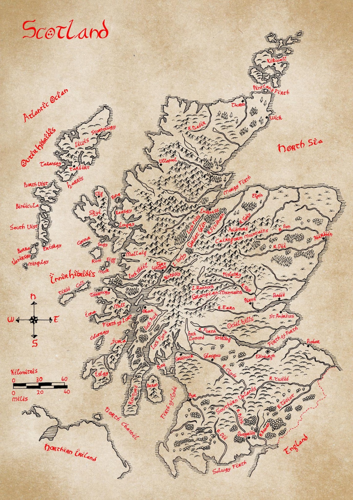 Map of Scotland Hand Drawn Tolkien Style Map Artwork - Etsy