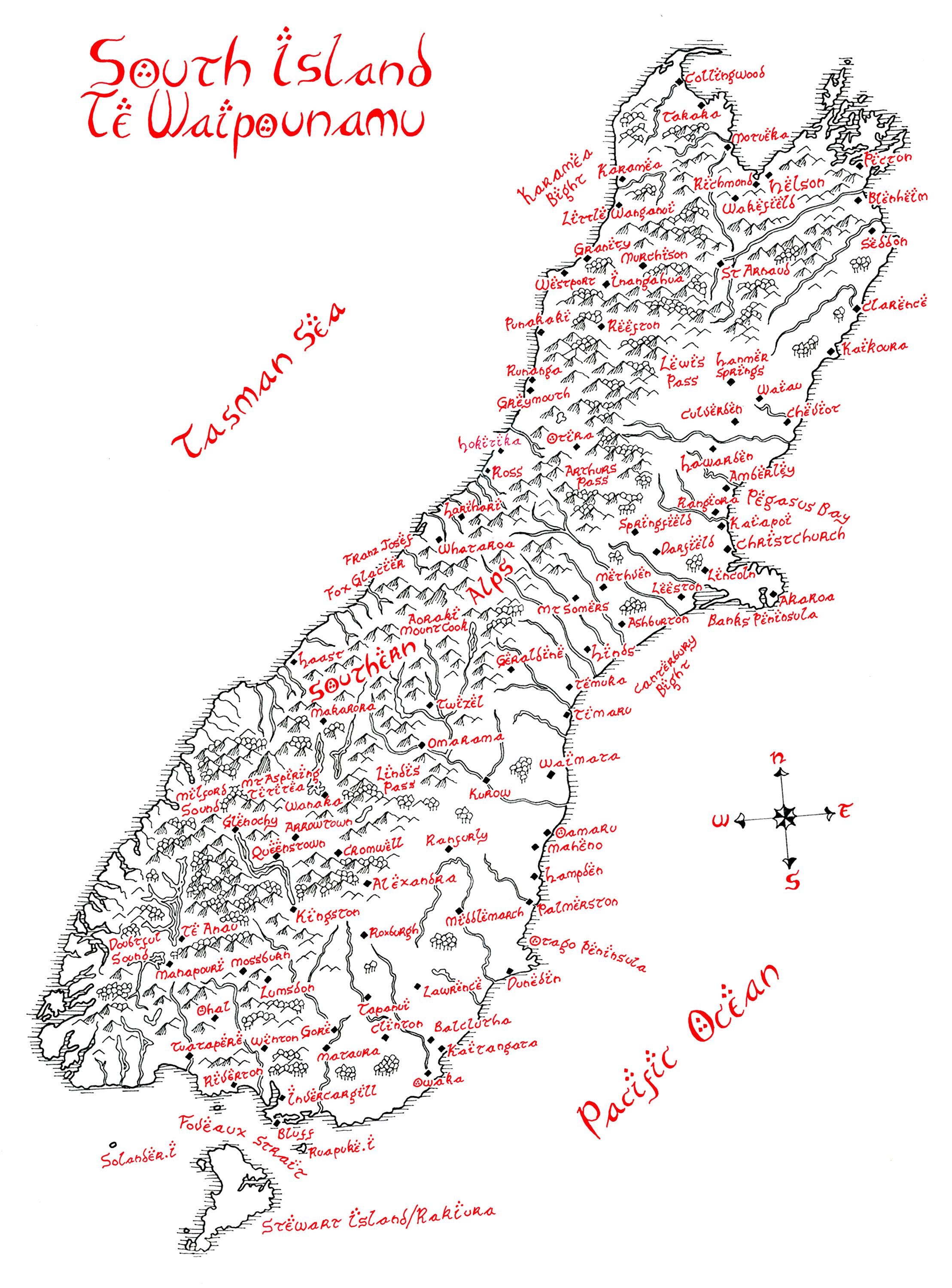 Map of New Zealand - South Island Hand Drawn Tolkien Style Map Artwork ...