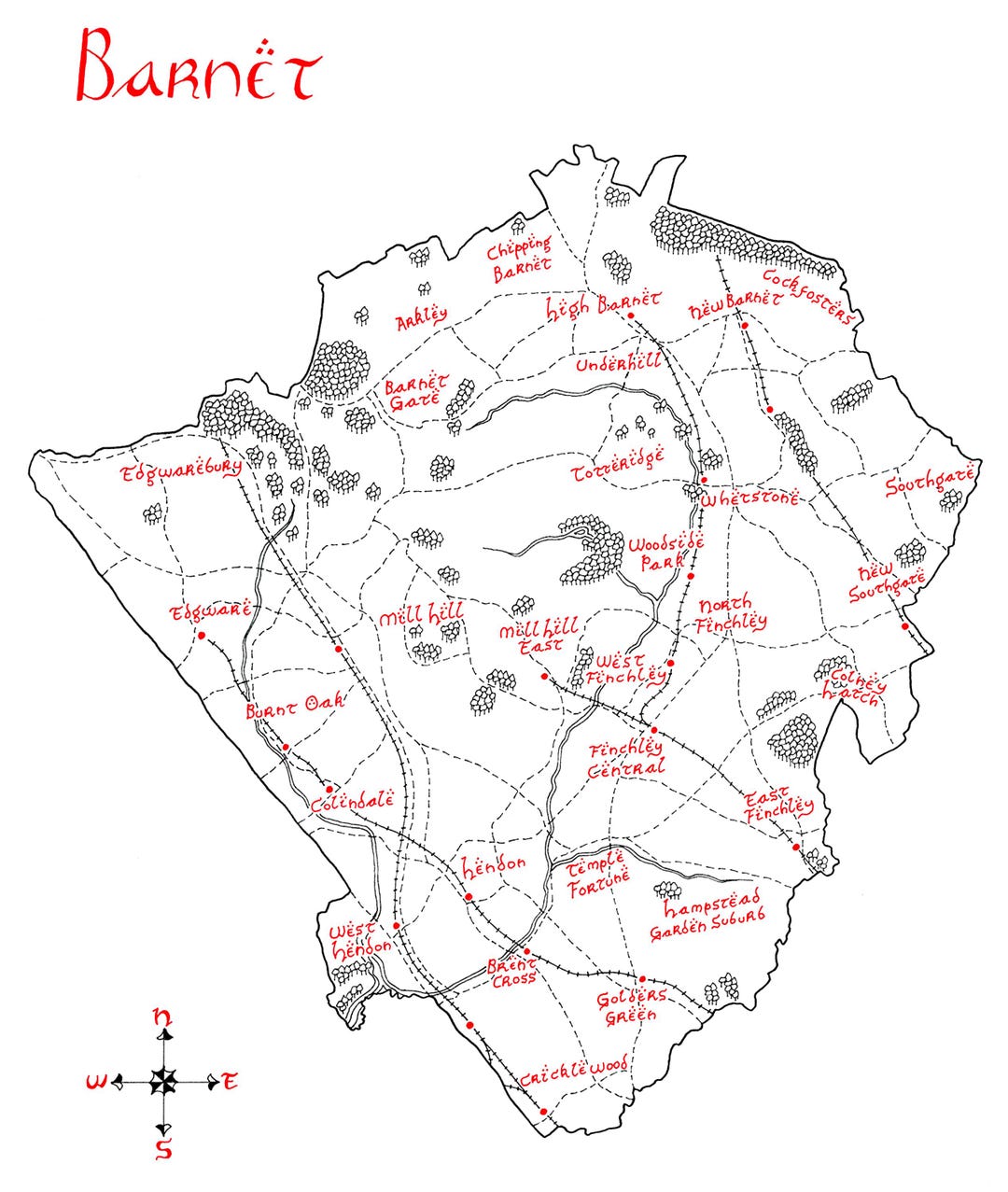 Hand Drawn Map of London Borough of Barnet: Tolkien Style Art Print - Etsy