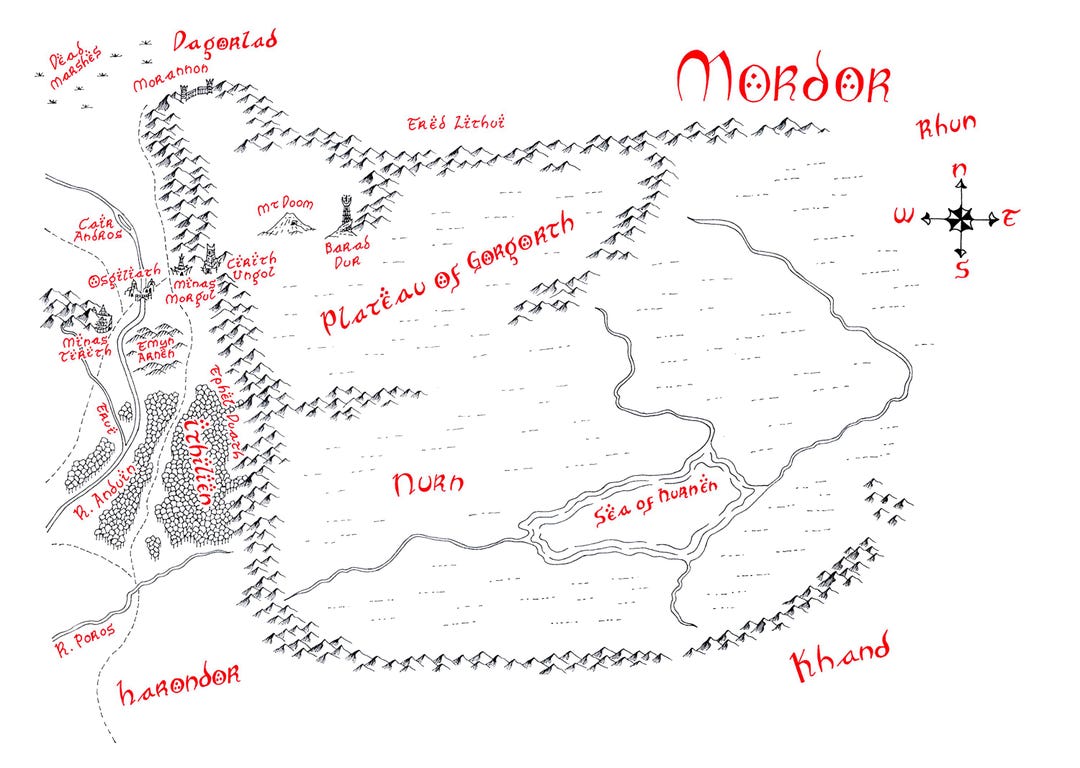Map of Mordor Hand Drawn Tolkien Style Map Artwork - Etsy