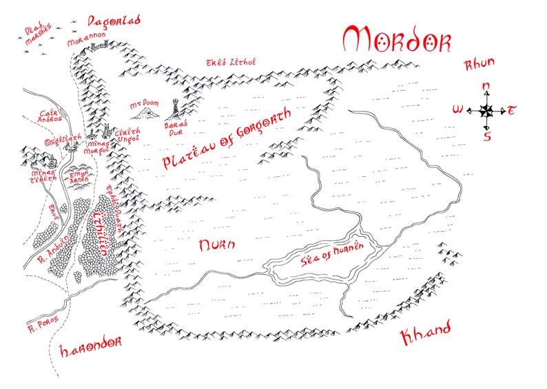 Map of Mordor Hand Drawn Tolkien Style Map Artwork - Etsy