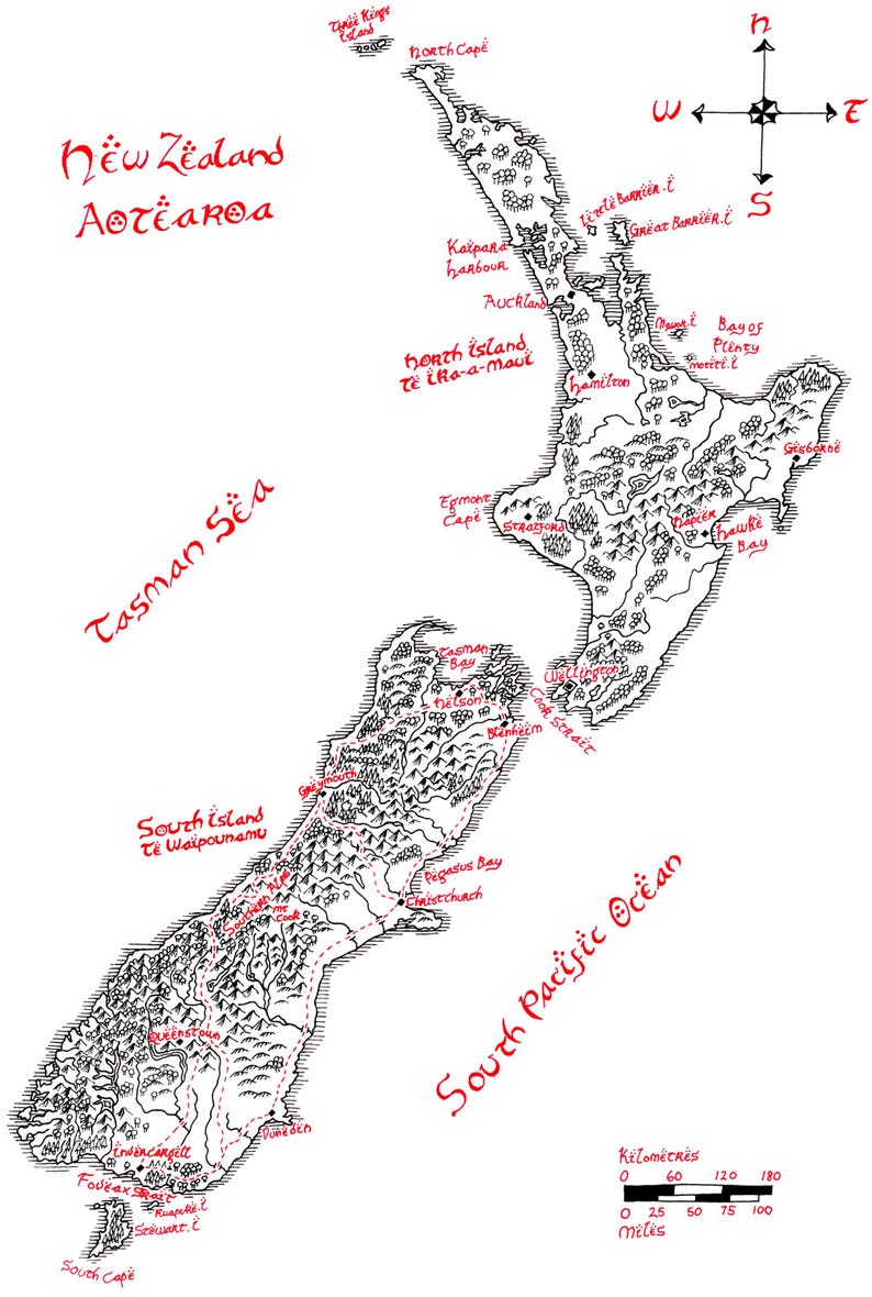 Map of New Zealand Hand Drawn Tolkien Style Map Artwork - Etsy