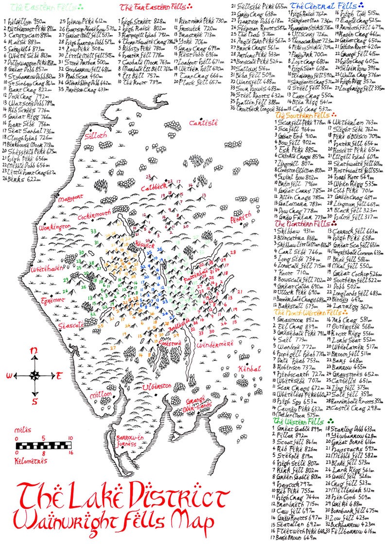 Map of Lake District Wainwright Fells Hand Drawn Tolkien Style Map ...
