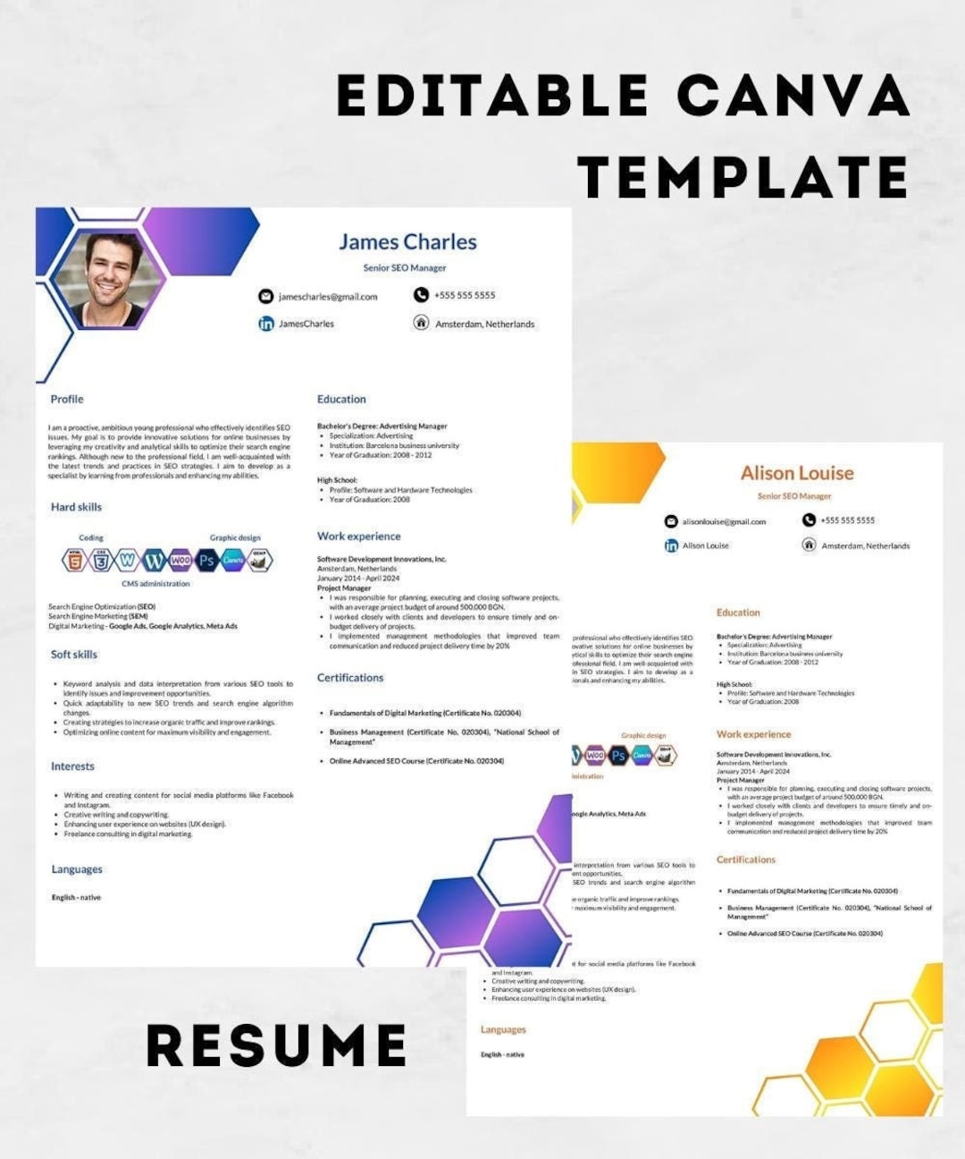 ATS Resume Template Mockup Editable 2-page CV Template and Cover Letter ...
