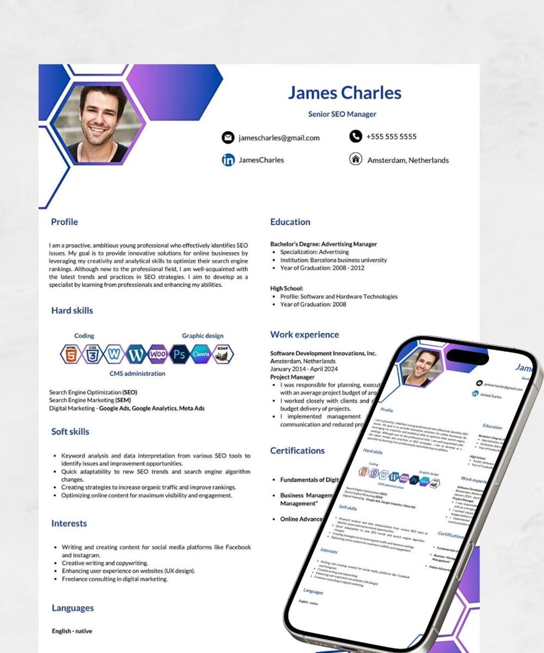 Creative Resume Template Canva, 1 Page Editable CV With Photo, Ats ...