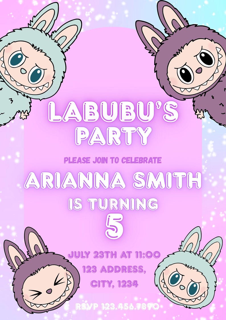 Labubu Birthday Invitation for Theme Party Labubu Invitation Pastel ...