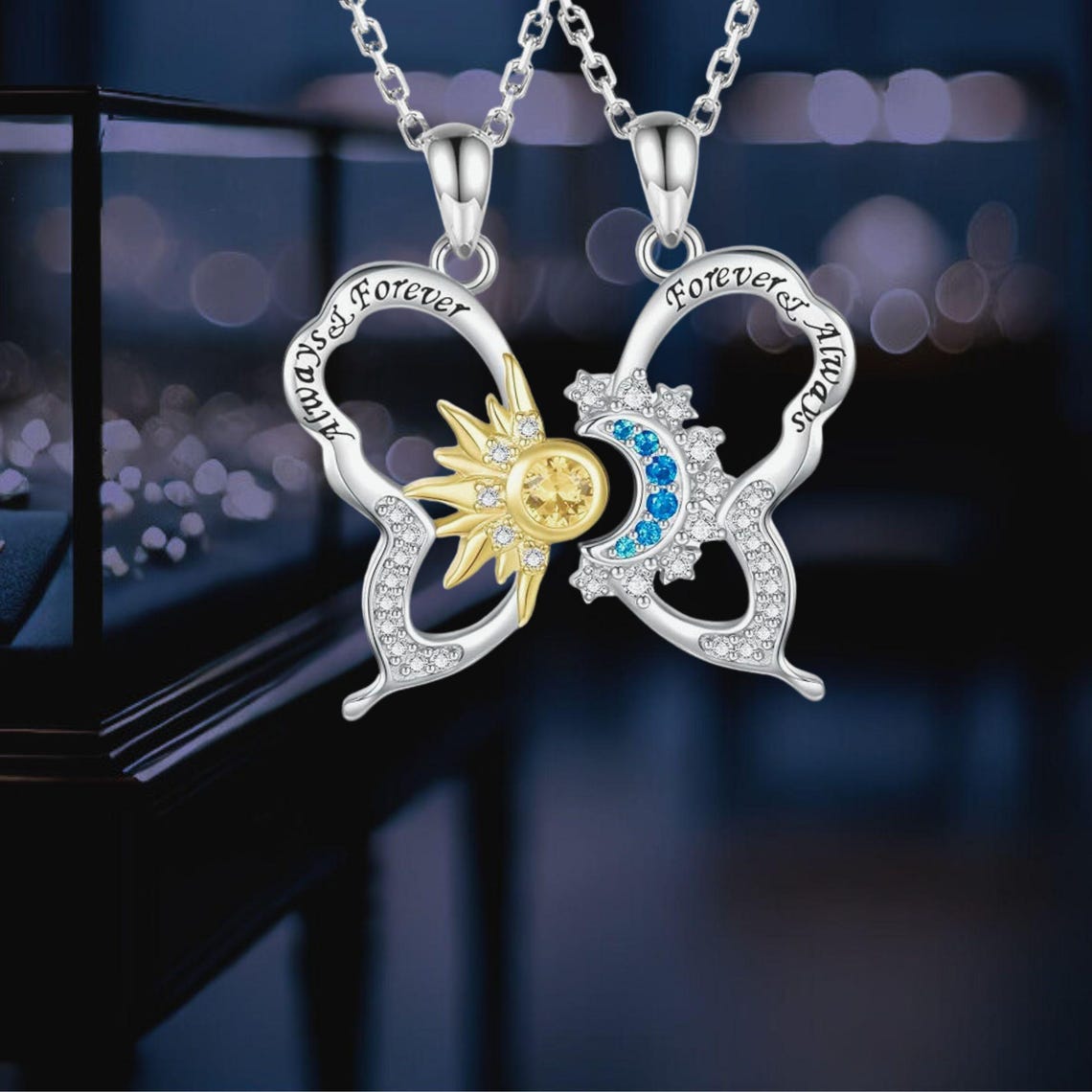 Sun and Moon Matching Butterfly Friendship Necklaces for Women Girls ...