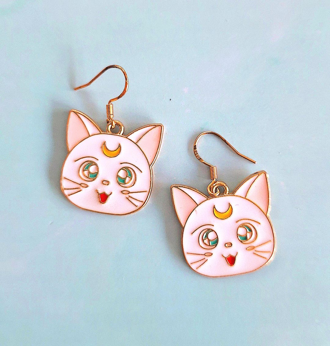 Handmade Sailor Moon Style-artemis Cat Gold Tone Enamel Charm Earrings ...