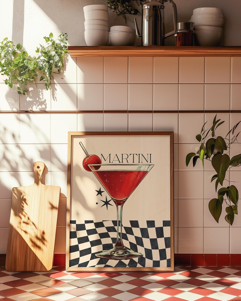 Retro Martini Glass Kitchen Poster Print for Dining Room Wall Art ...