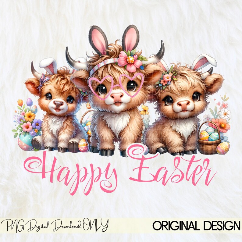 Cute Happy Easter Day Highland Cow Coquette PNG, Retro Easter Vibes Png ...