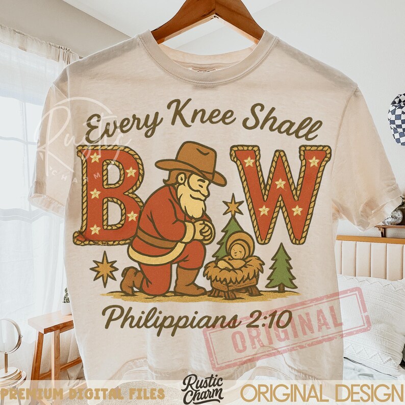 Western Cowboy Santa Kneeling PNG, Every Knee Shall Bow Christian ...